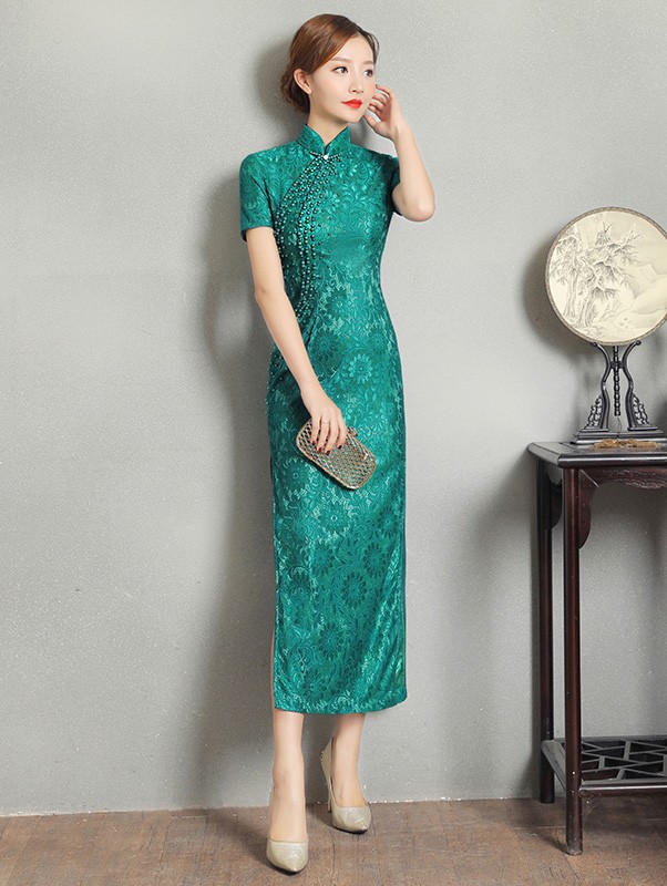 Green Lace Long Split Qipao Cheongsam Dress With Beads Cozyladywear
