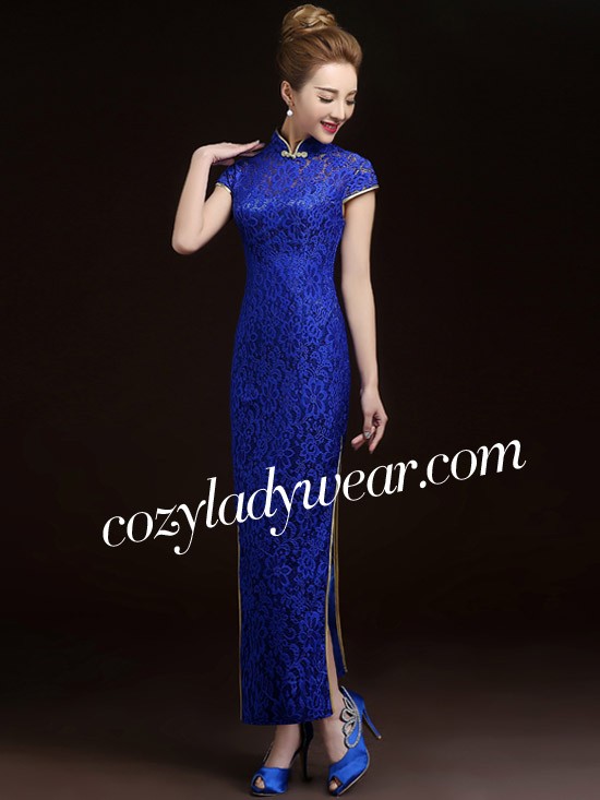Blue Lace Cheongsam Qipao Evening Dress With Split Cozyladywear
