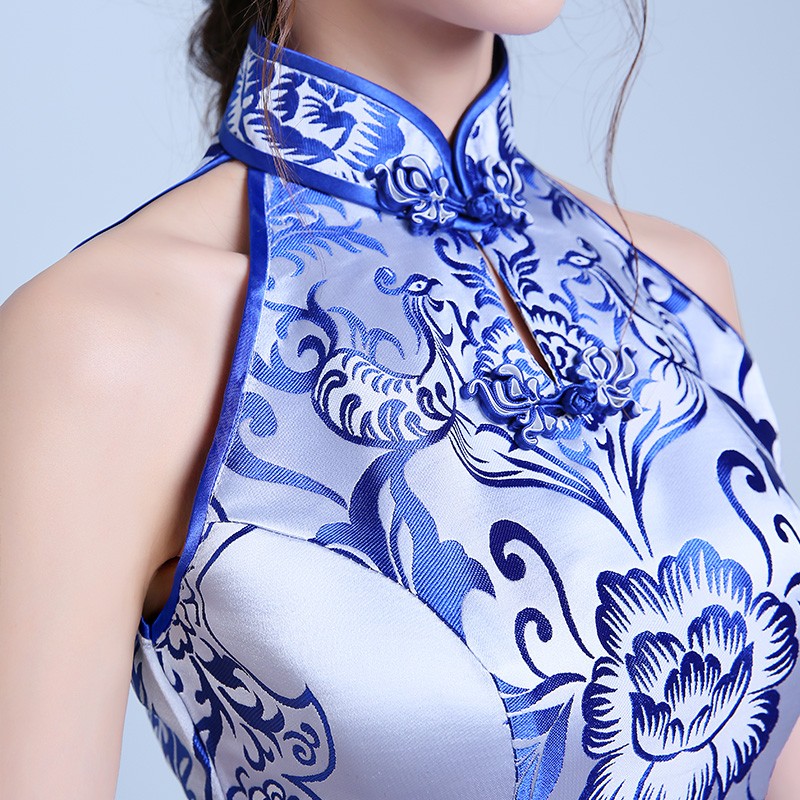 Blue Floral Halter Qipao / Cheongsam Prom Dress with Split - CozyLadyWear
