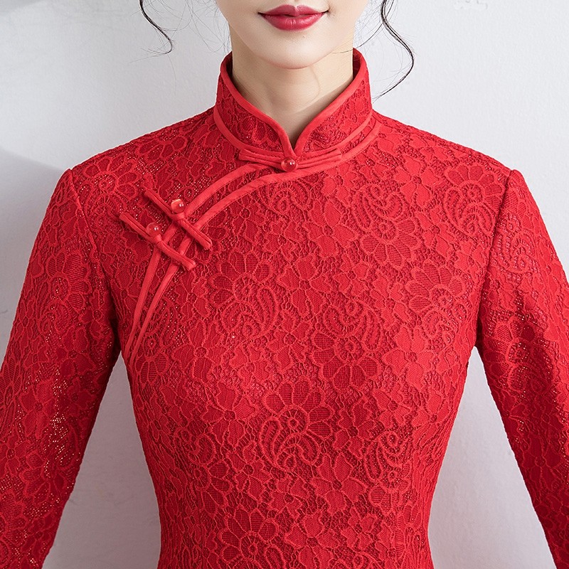 Ankle Length Lace Qipao Cheongsam Dress With Split Cozyladywear