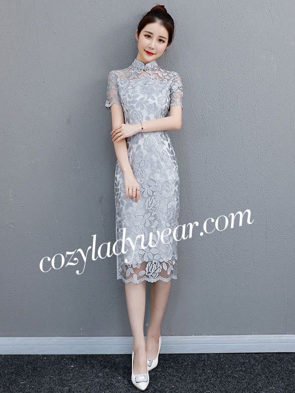 Gray Lace Midi Qipao Cheongsam Party Dress Cozyladywear
