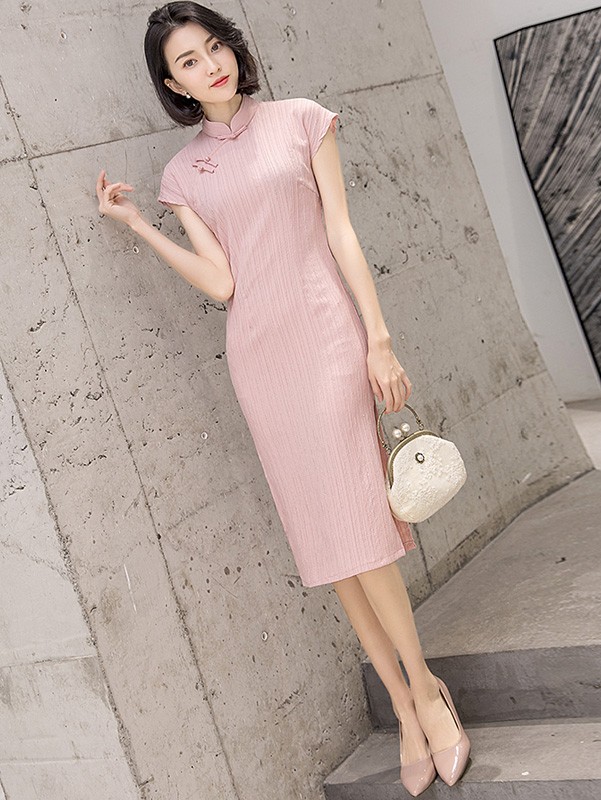 Pink Striped Mid Cheongsam Qipao Dress Cozyladywear