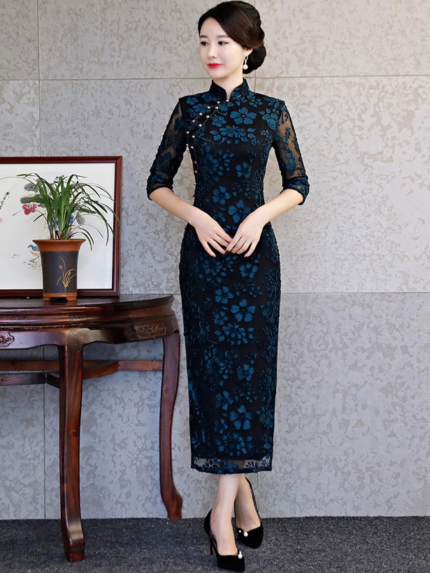 Blue Floral Mother's Velvet Long Qipao / Cheongsam Dress - CozyLadyWear Blue Floral Mother's Velvet Long Qipao / Cheongsam Dress - CozyLadyWear