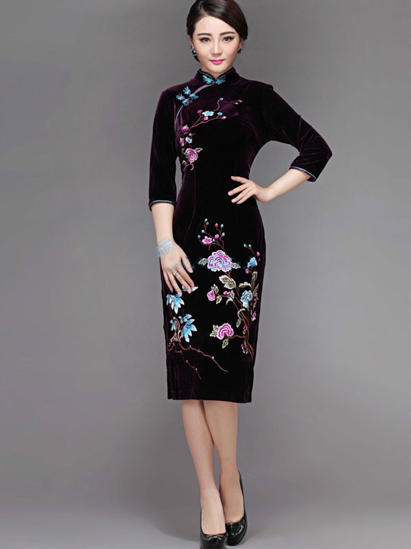 Classic Embroidered Purple Velvet Qipao Cheongsam Dress Cozyladywear