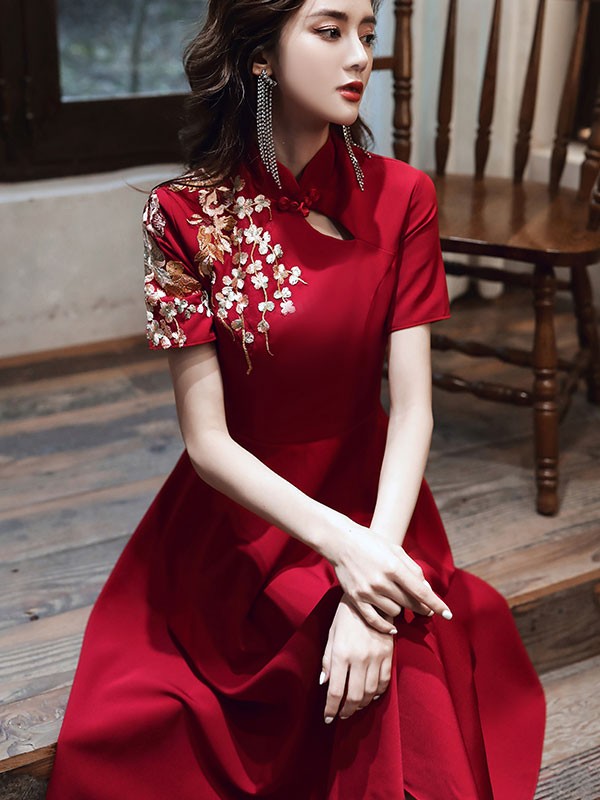 Burgundy Embroidered Midi A Line Qipao Cheongsam Wedding Dress