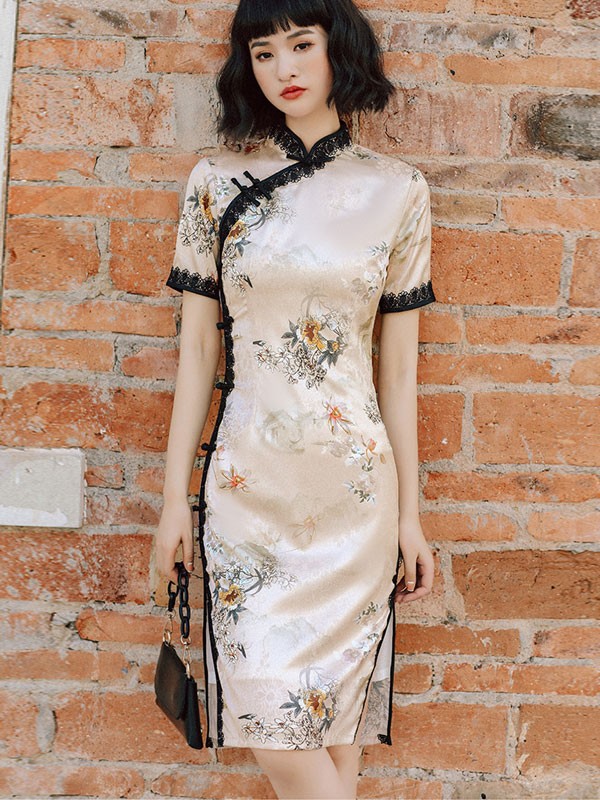 Pink Blue Floral Print Midi Qipao Cheongsam Dress Cozyladywear