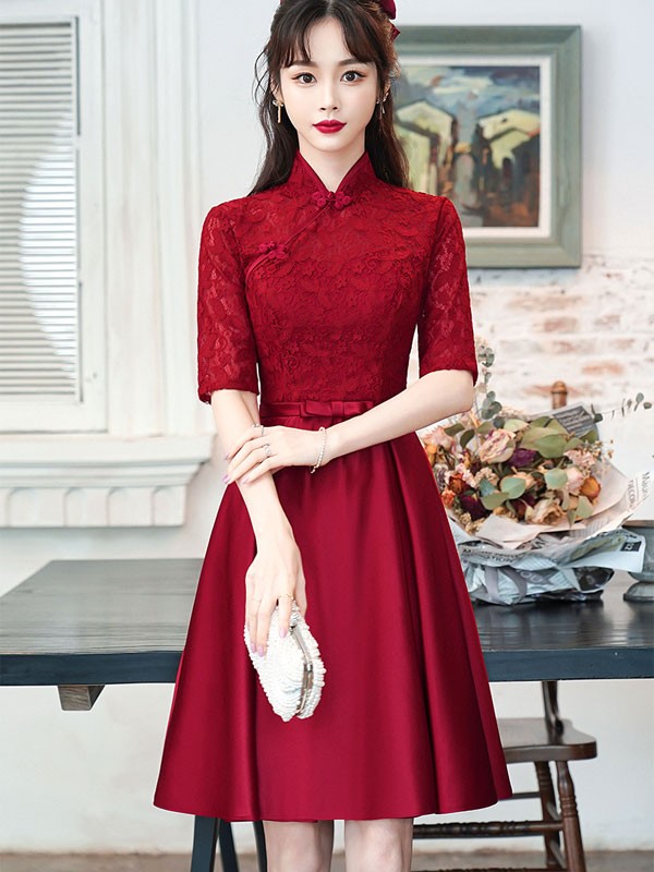2022 Burgundy A Line Qipao Cheongsam Wedding Dress Cozyladywear