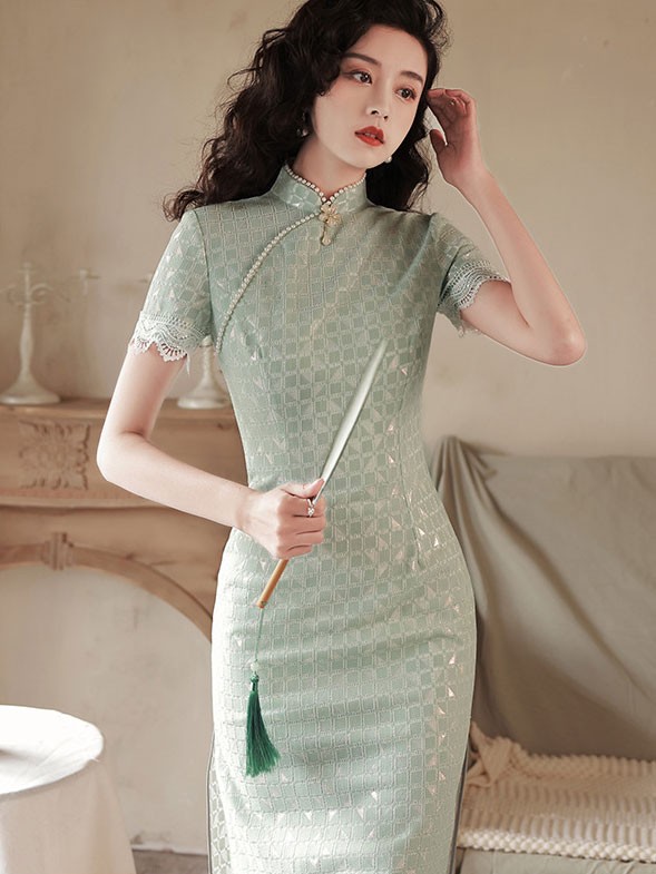 Green White Beaded Lace Mid Qipao Cheongsam Dress Cozyladywear